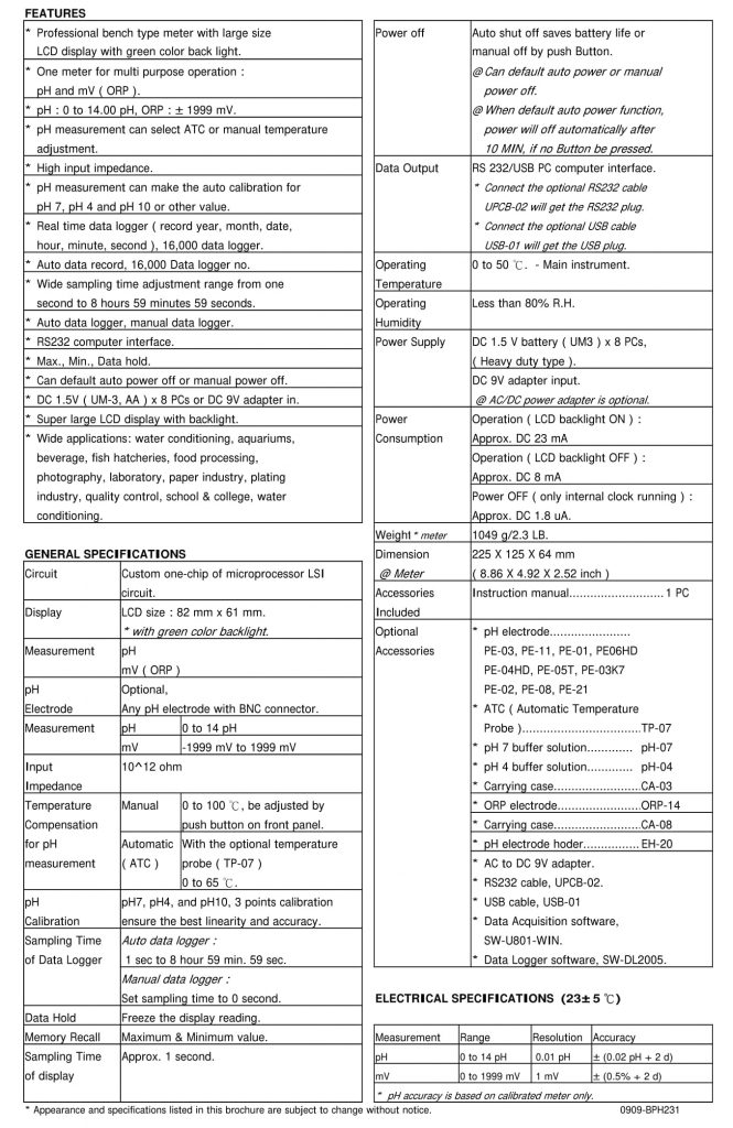 PH METER, Bench type, RS232/USB, Data logger – Lutron BPH-231 - Dpstar ...